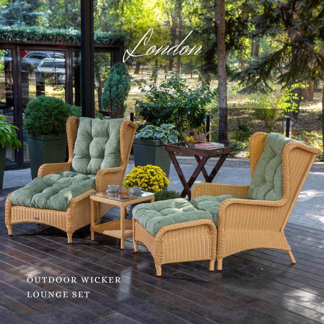 LONDON LOUNGE. 2 Person Outdoor Lounge Set In Dark Beige Wicker. Inclu ...